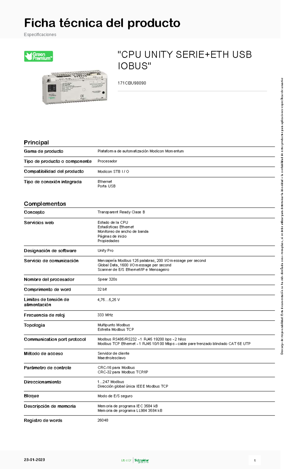 Especificaciones Técnicas del Modicon Momentum 171CBU98090 - Studocu