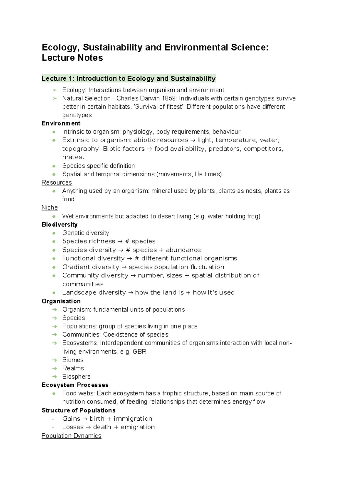 Lecture Notes: Ecology, Sustainability & Environmental Science (Lecture ...