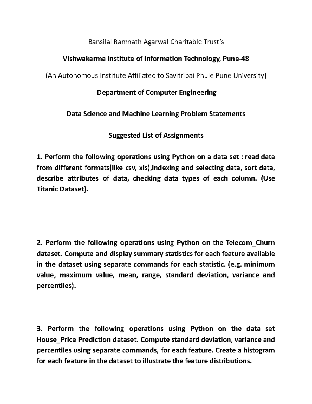 Data Science & Machine Learning (DSML) Assignment Problem Statements ...