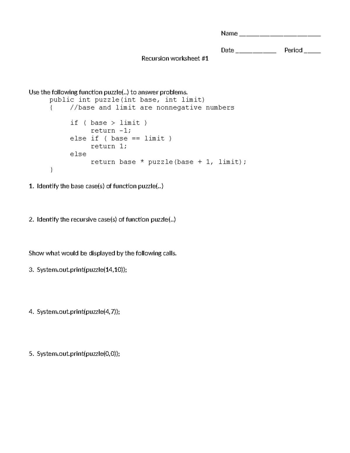 Tracing Recursion Worksheet - CS 101 - Studocu