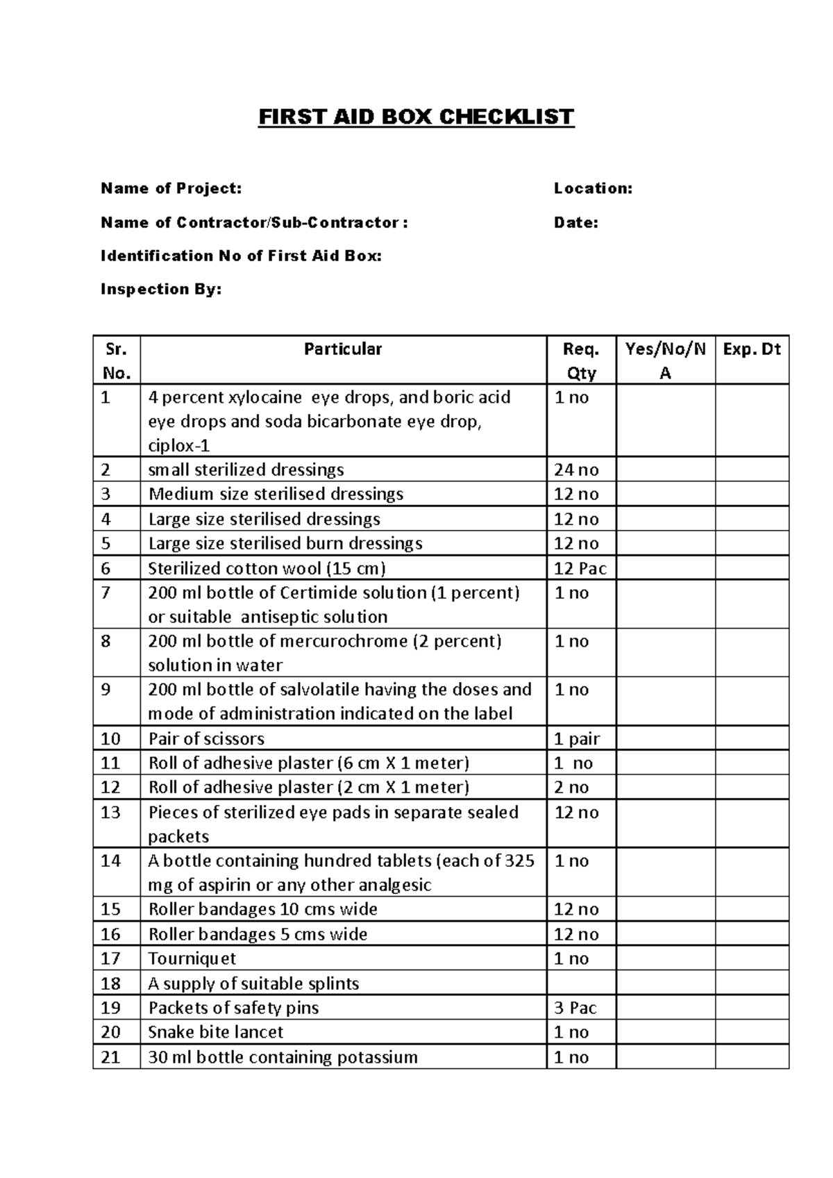 First Aid Box Checklist for Project Inspection: Essential Items List ...