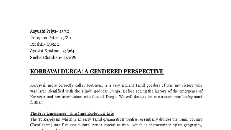 Korravai: The Evolution of Goddess Worship in Tamil Culture - Studocu