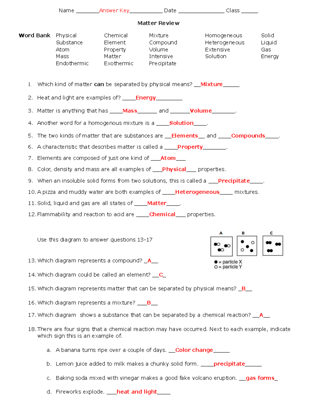 Quiz Review Answer Key - Unit 1: Matter Concepts and Properties - Studocu