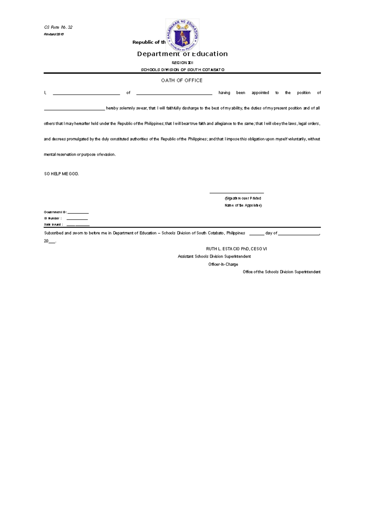 CS Form No. 32 Oath of Office - Revised 2018 (Philippines) - Studocu