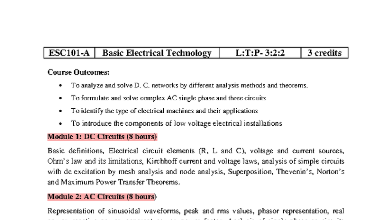 Syllabus for Basic Electrical Technology (BET) 3:2:2 - Course Overview - Studocu