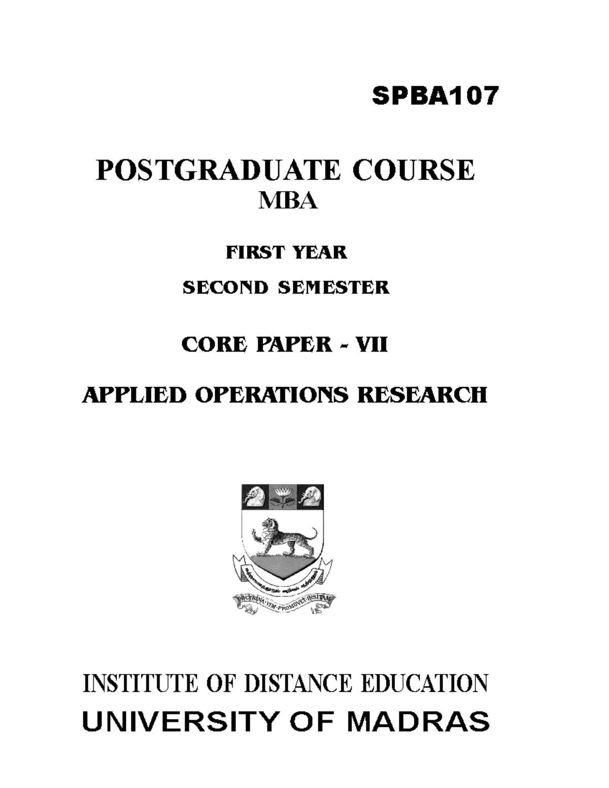 Applied Operations Research (MBA - Core Paper VII) Overview - Studocu
