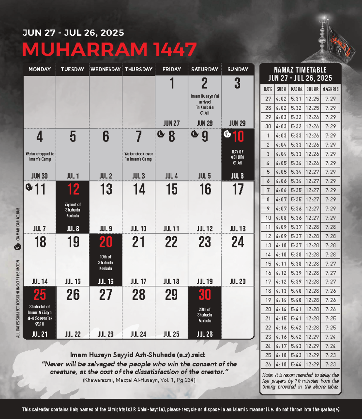 2025-2026 Islamic Calendar (1447) with Namaz Timetable - Studocu