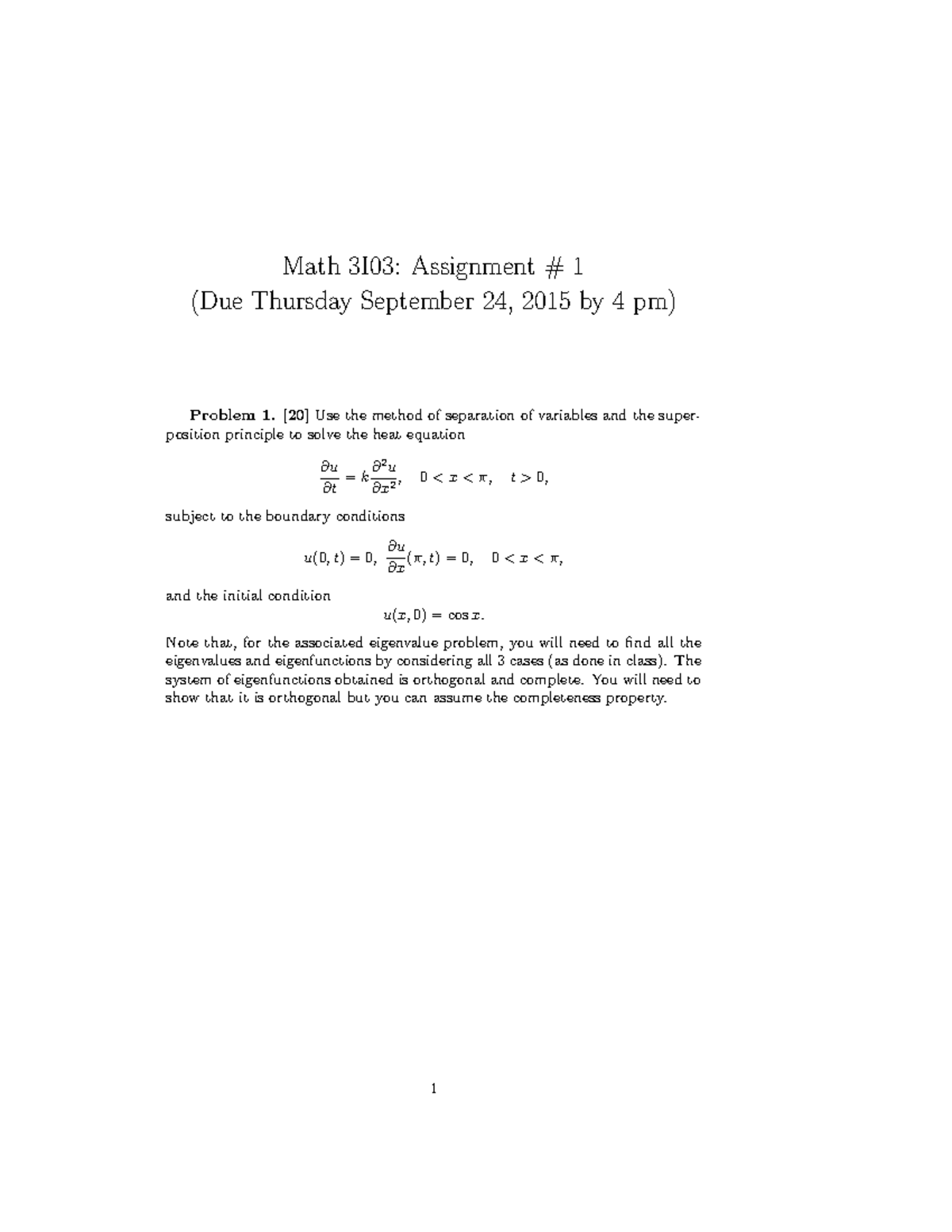 A1 - Assignment - Math 3I03: Assignment # 1 (Due Thursday September 24 ...