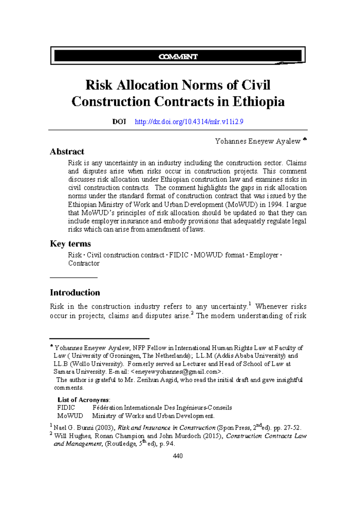 COMMENT on Risk Allocation Norms in Ethiopian Civil Construction ...