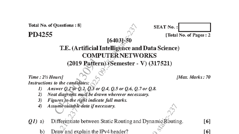 PD4255: Computer Networks Midterm Exam (Semester V) - May Jun 2025 - Studocu