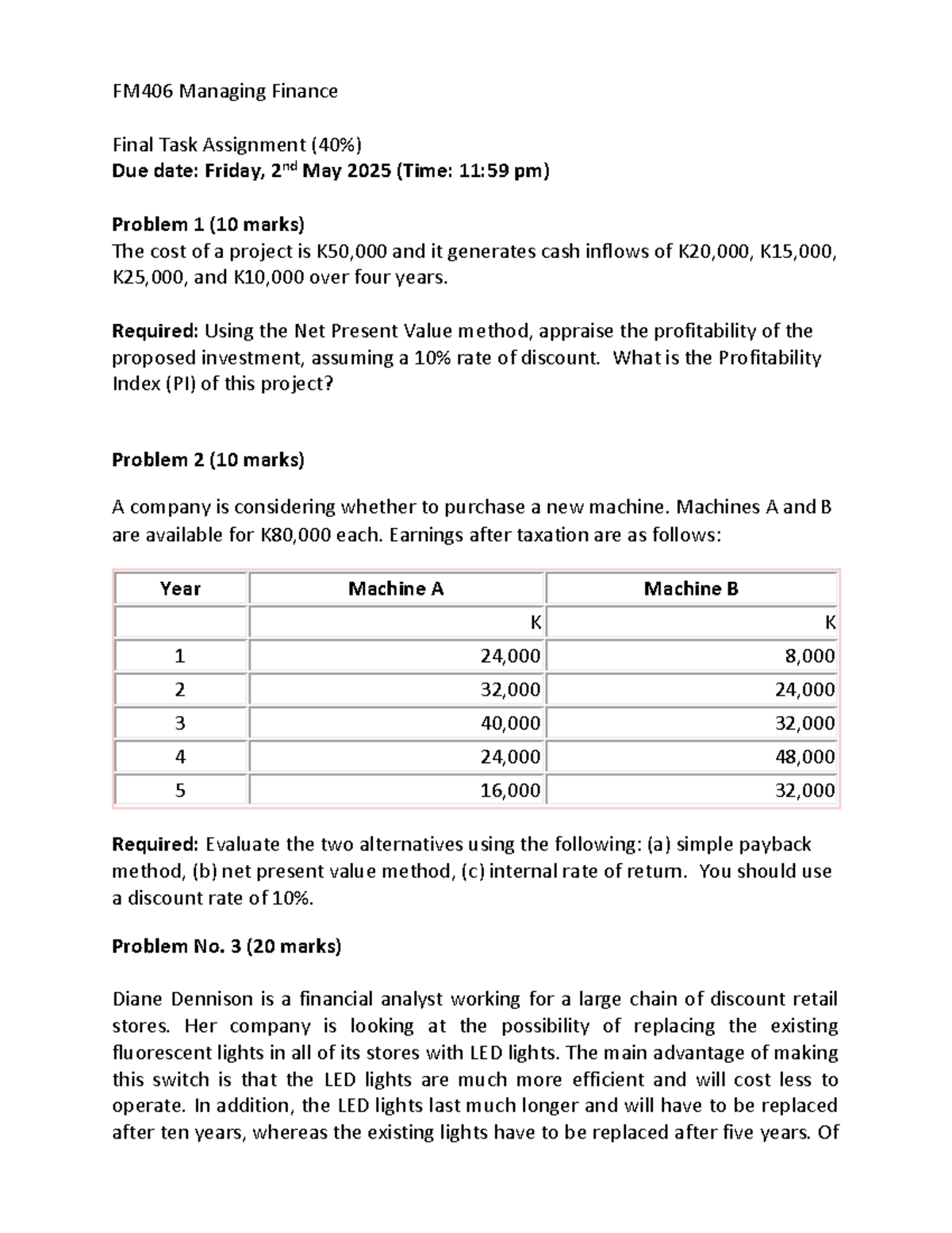 FM406 Managing Finance Final Task Assignment: NPV & Investment Analysis ...
