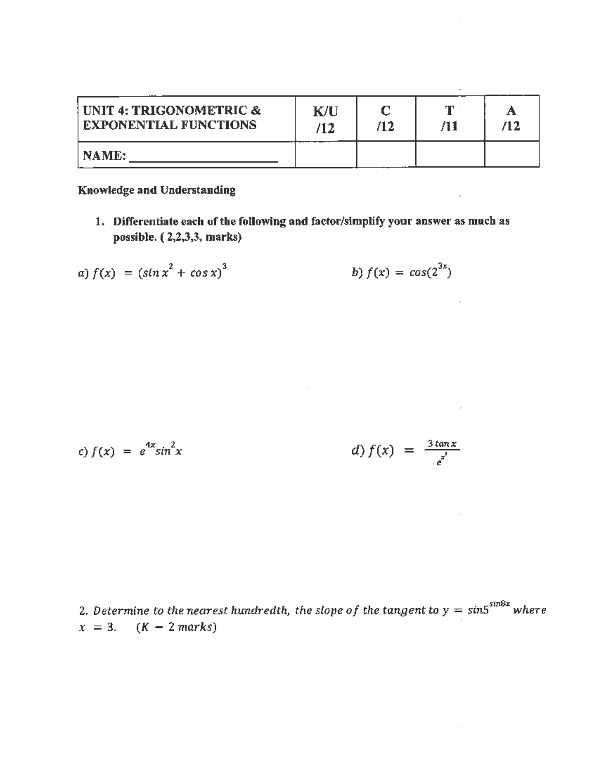 UNIT 4: Trigonometric & Exponential Functions - Test 4 2023 - Studocu