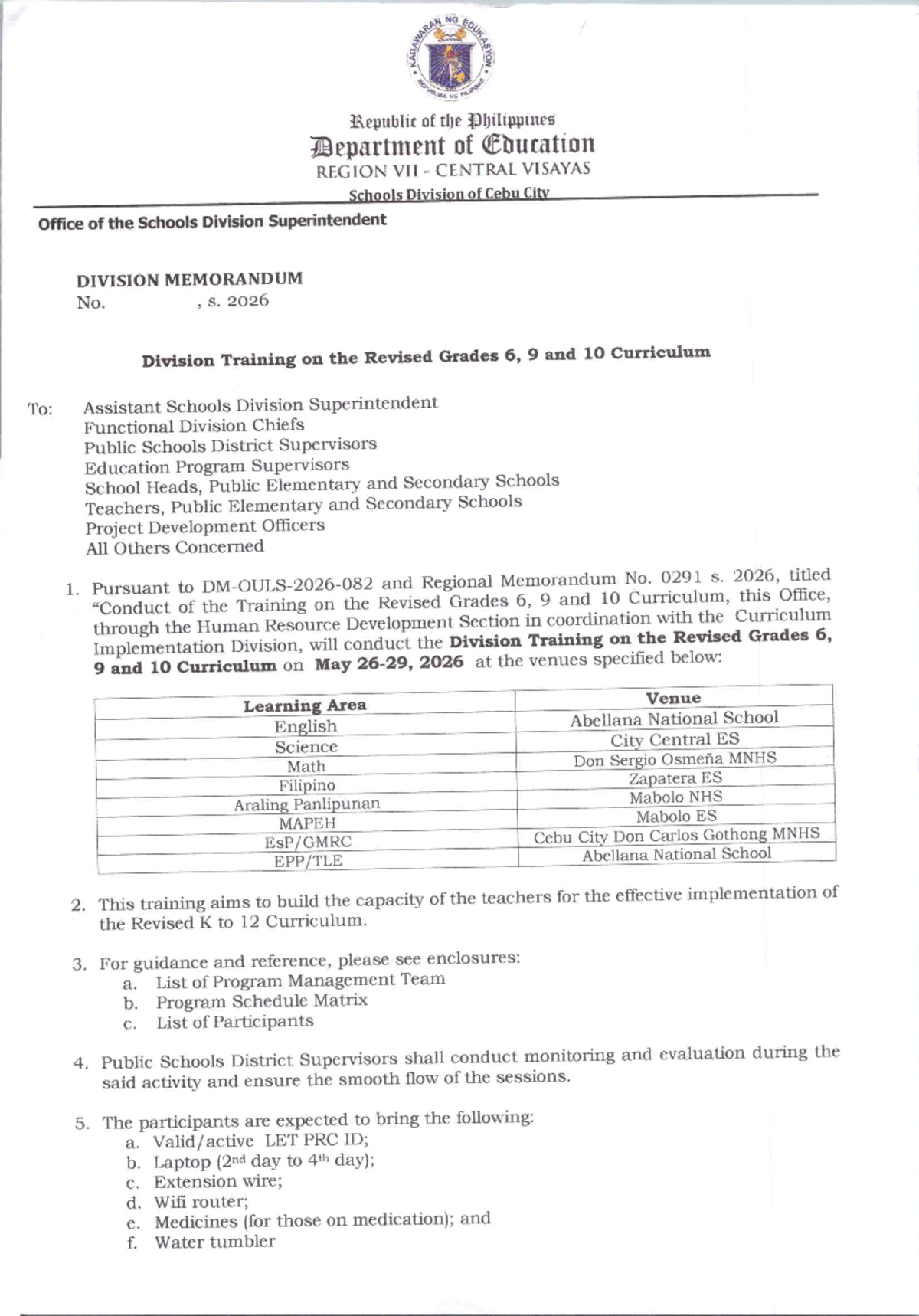 DM Division Training on the Revised Grades 6, 9, and 10 Curriculum ...