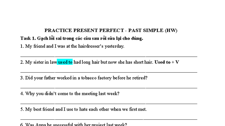 Practice Present Perfect & Past Simple (HW) Tasks - Studocu