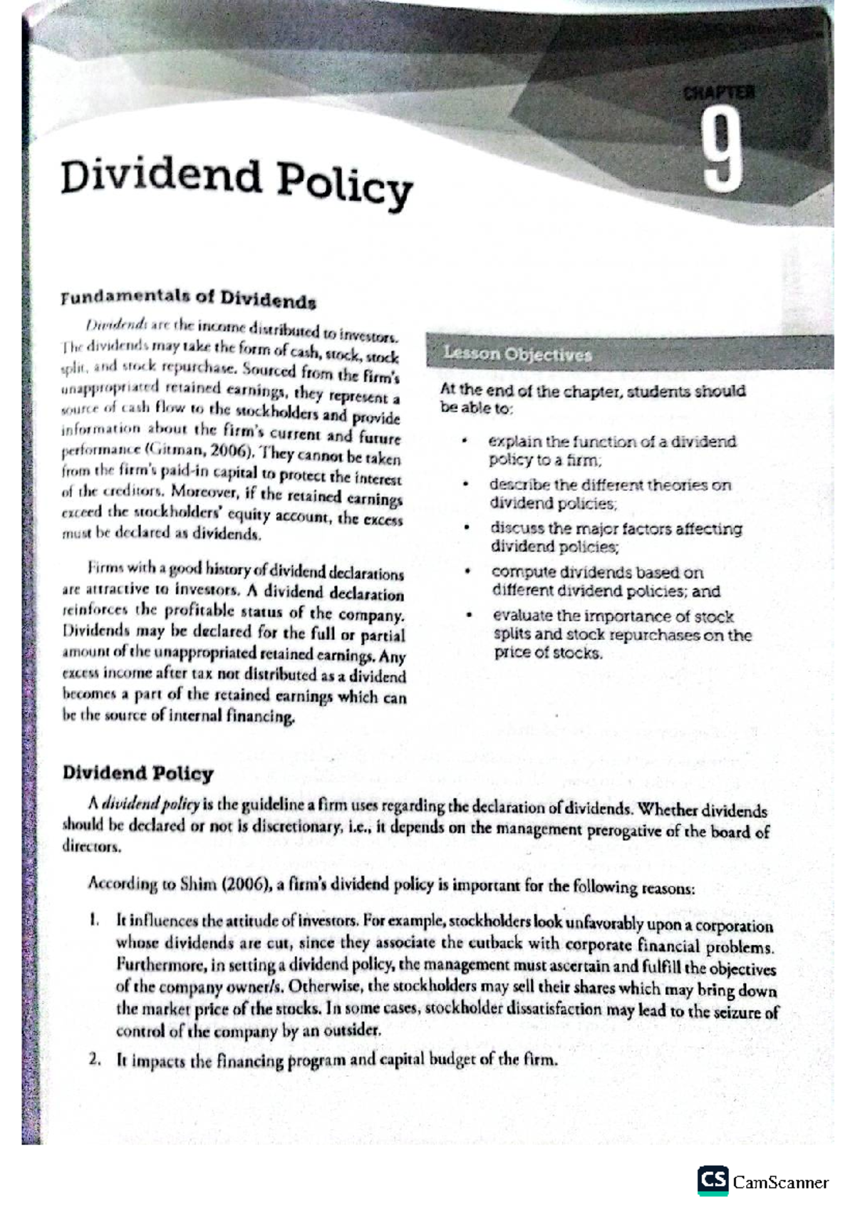CHAPTER 9: Dividend Policy Fundamentals in Financial Management I - Studocu