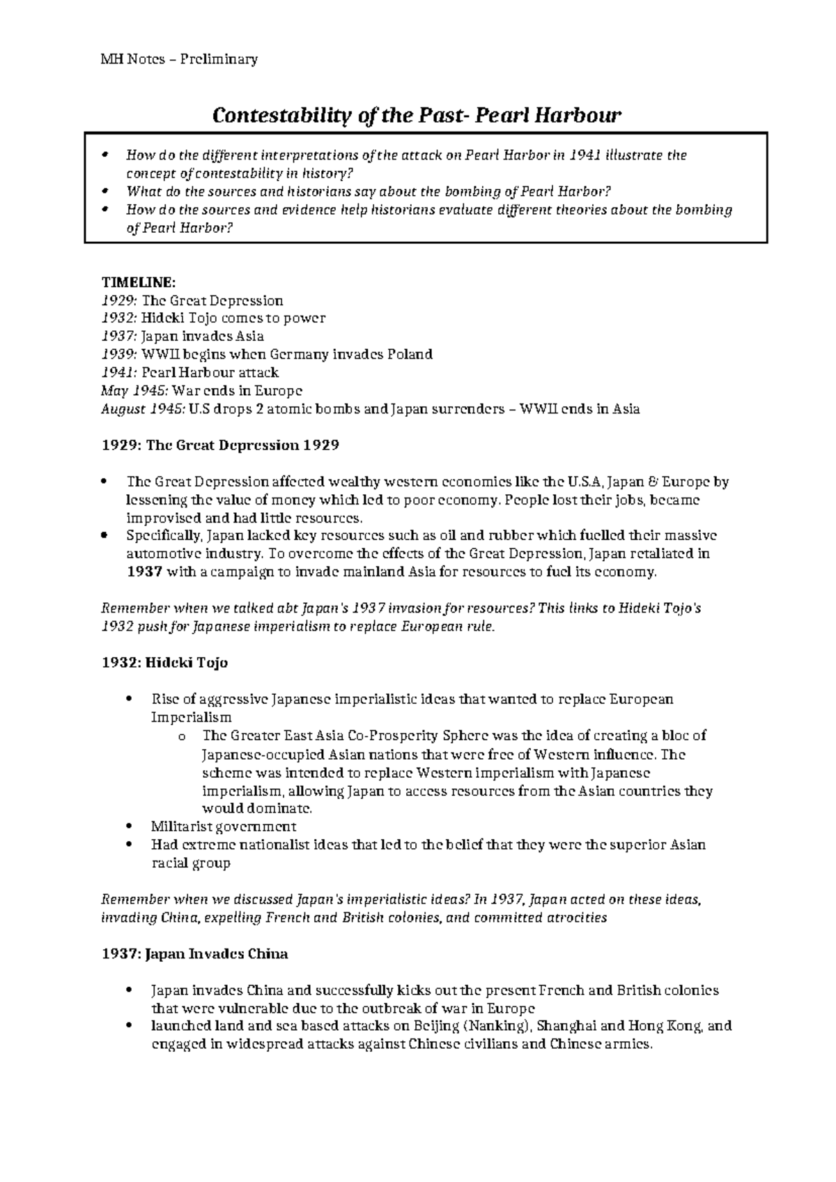 MH Notes: Contestability of the Pearl Harbor Attack in 1941 - Studocu