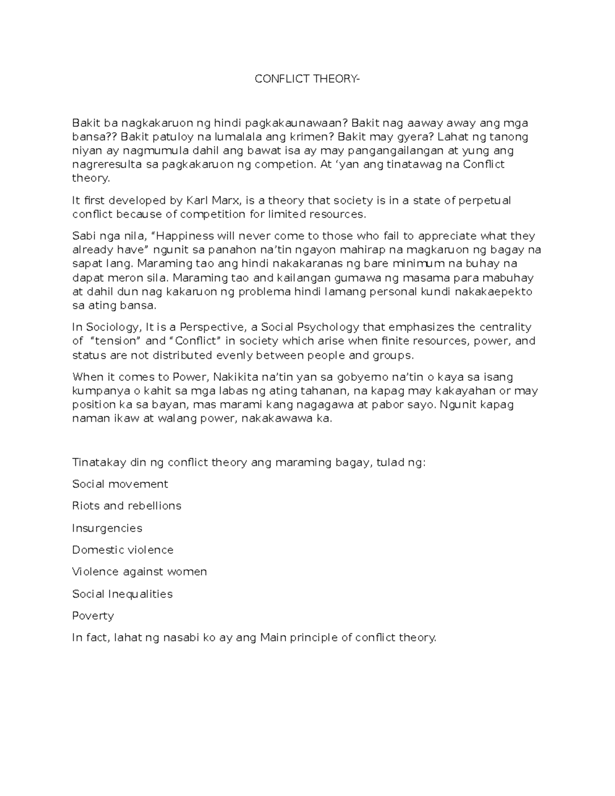Conflict Theory - CONFLICT THEORY- Bakit ba nagkakaruon ng hindi ...
