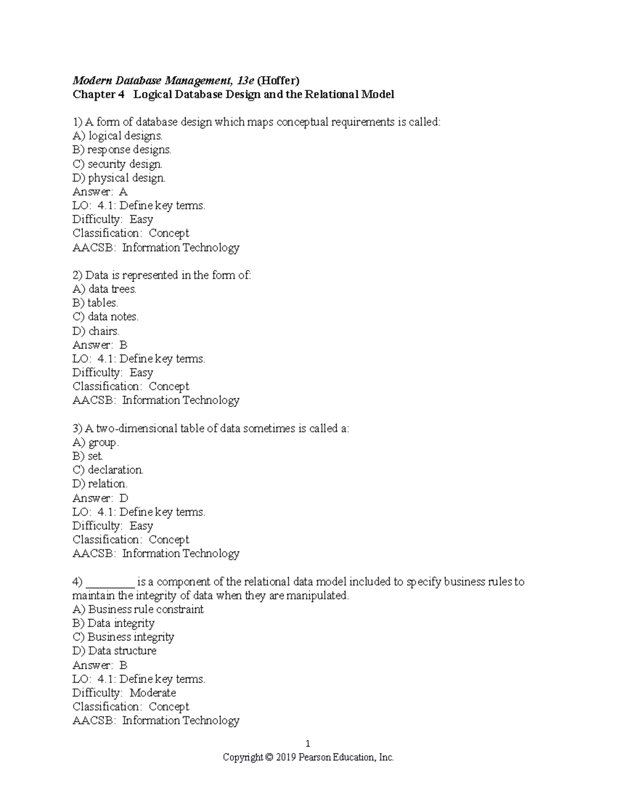 Chapter 4 - Logical Database Design Answer Key (Modern DBM) - Studocu
