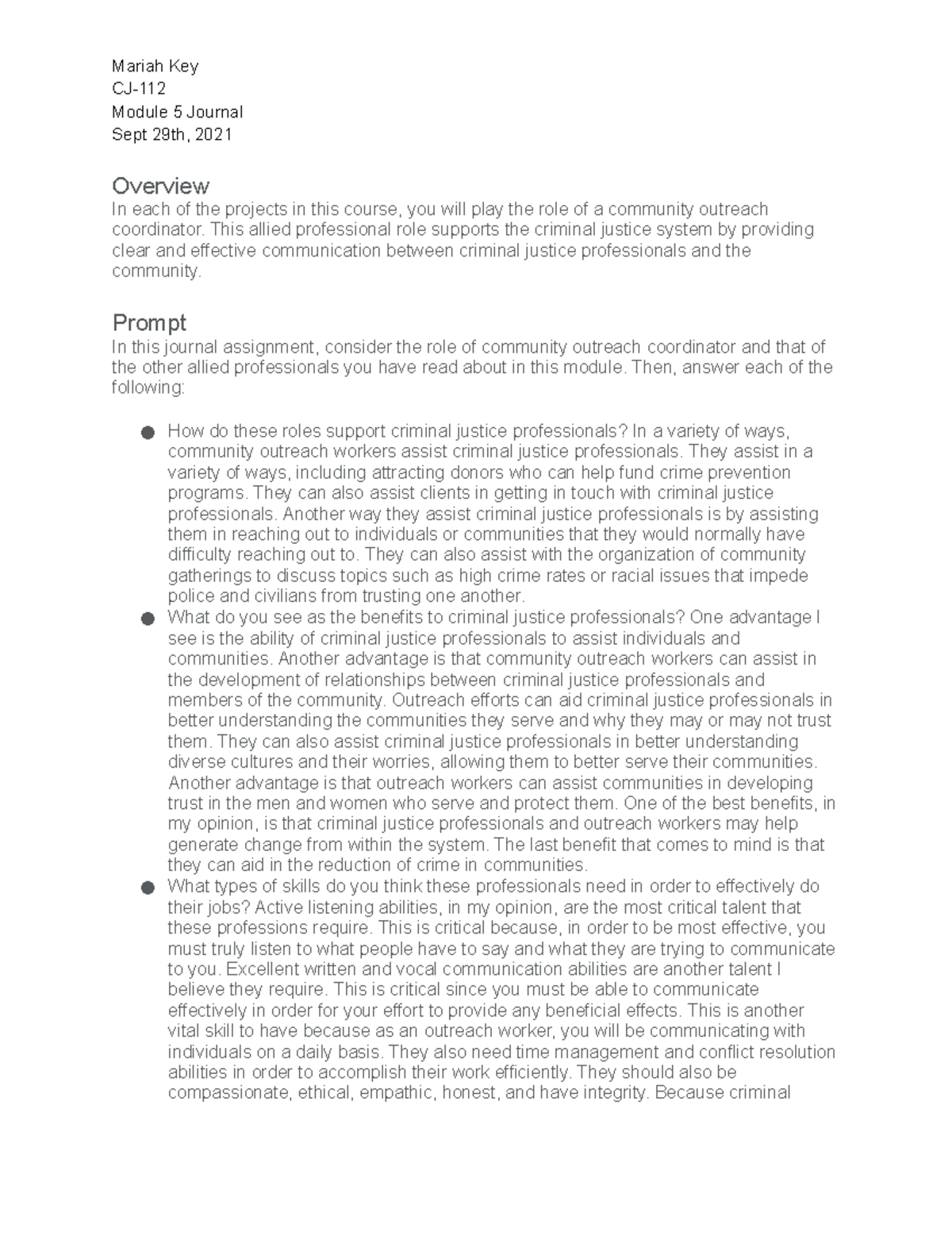 Module 5-1 Journal: Supporting Roles - Mariah Key CJ- Module 5 Journal ...