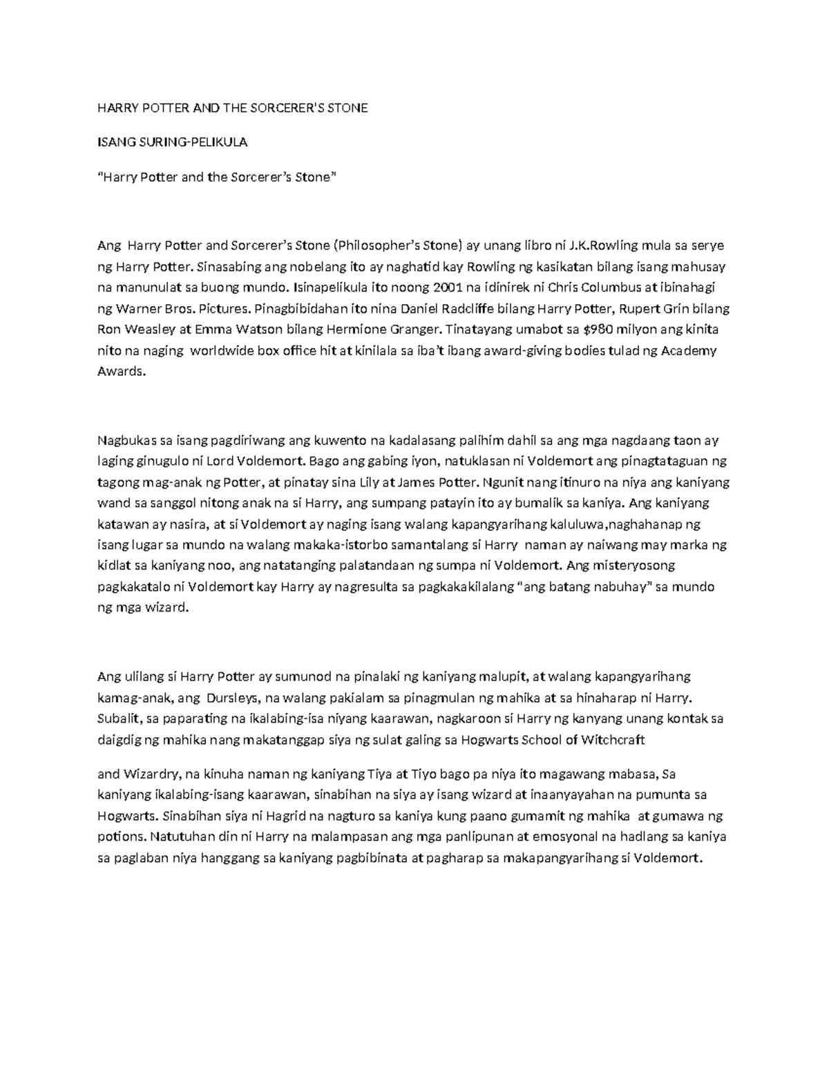 Harry Potter and the Sorcerer's Stone: Isang Suring-Pelikula - Studocu