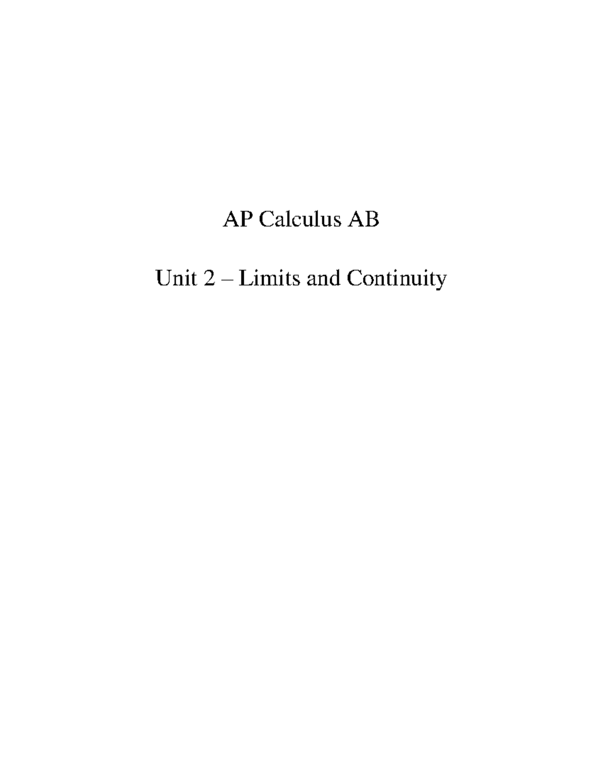 AP Calculus AB - Unit 2 Limits and Continuity Worksheet Pack - Studocu