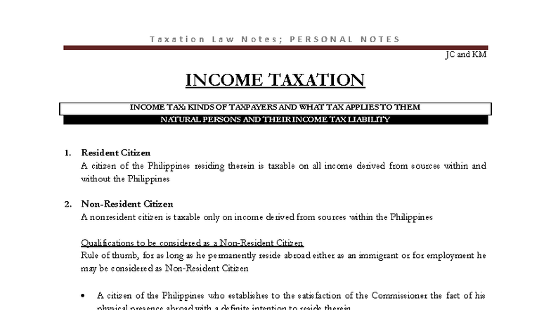 Updated Tax Notes: Income Taxation and Taxpayer Types (JC & KM) - Studocu
