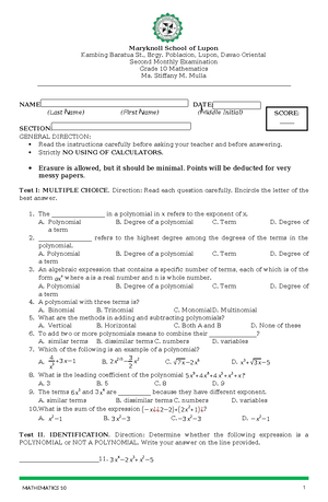 MATH 10 Q2 TOS - A TOS for 2nd grading grade 10 mathematics. - Second Quarter Examination SY ...