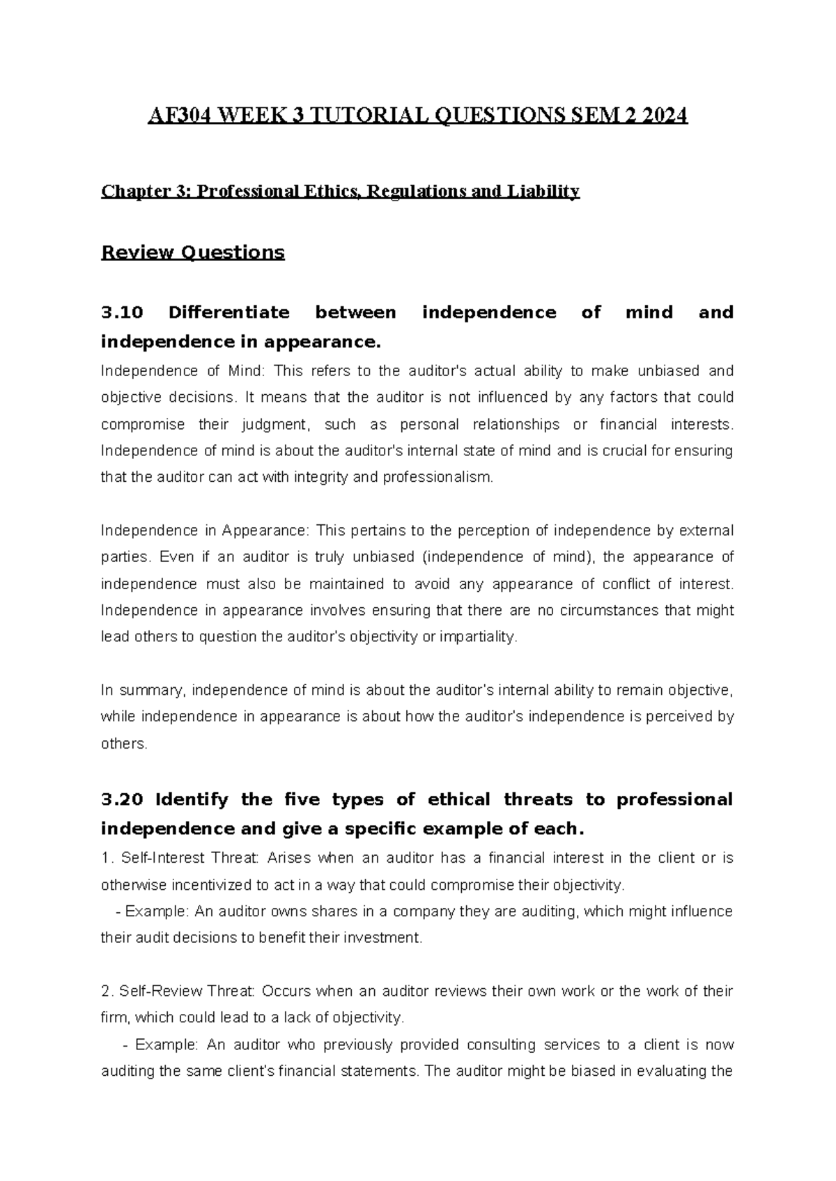 AF304 SEM 2 2024 Chapter 3 Tutorial Questions on Ethics & Independence ...