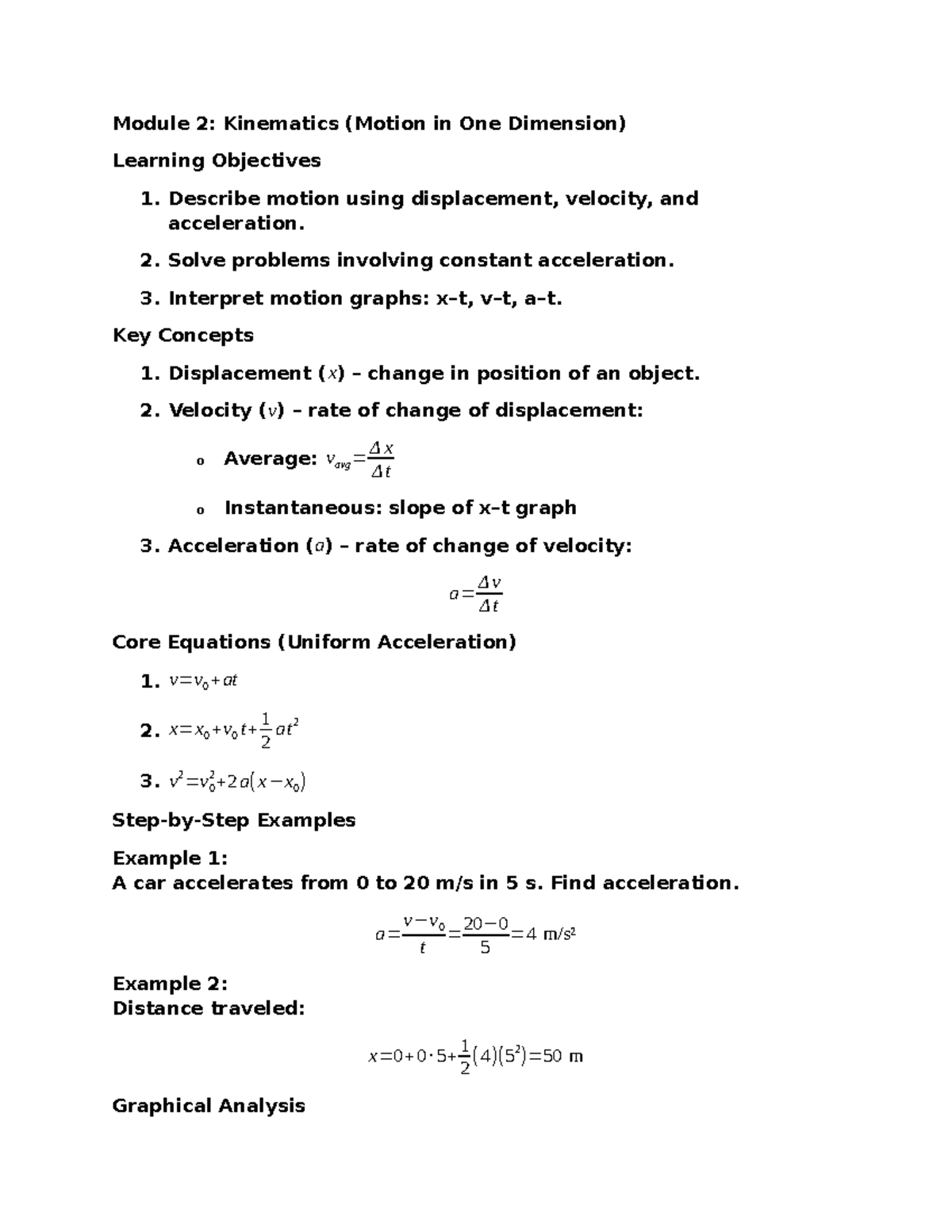 Kinematics (PHYS 101) - Motion in One Dimension Overview - Studocu