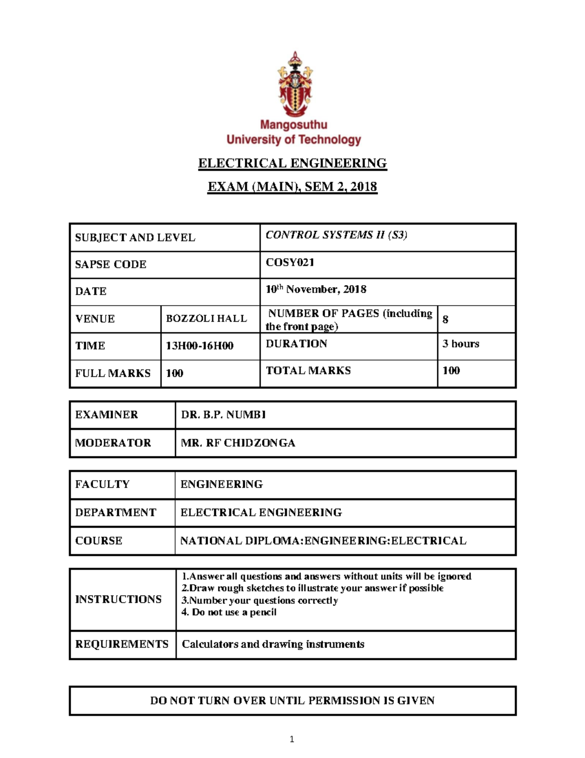 ELECTRICAL ENGINEERING FINAL EXAM SEM 2, 2018 - CONTROL SYSTEMS II ...