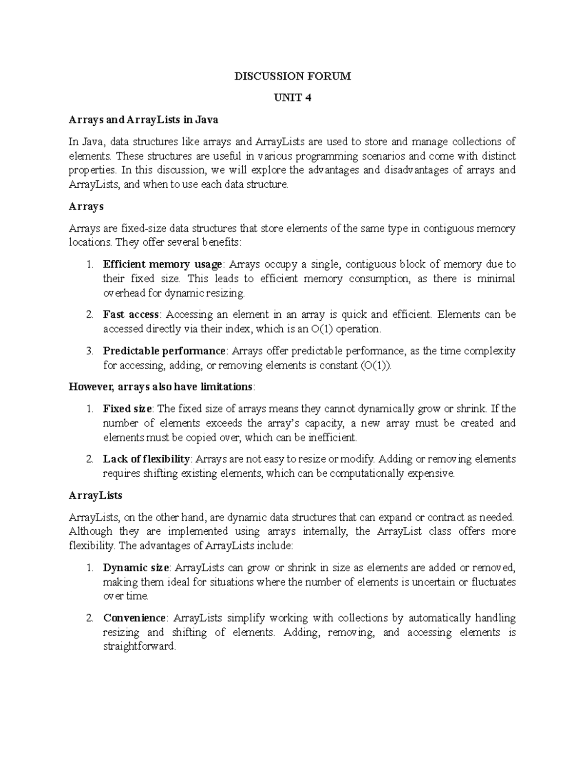 Discussion Forum 4: Arrays vs. ArrayLists in Java - Studocu