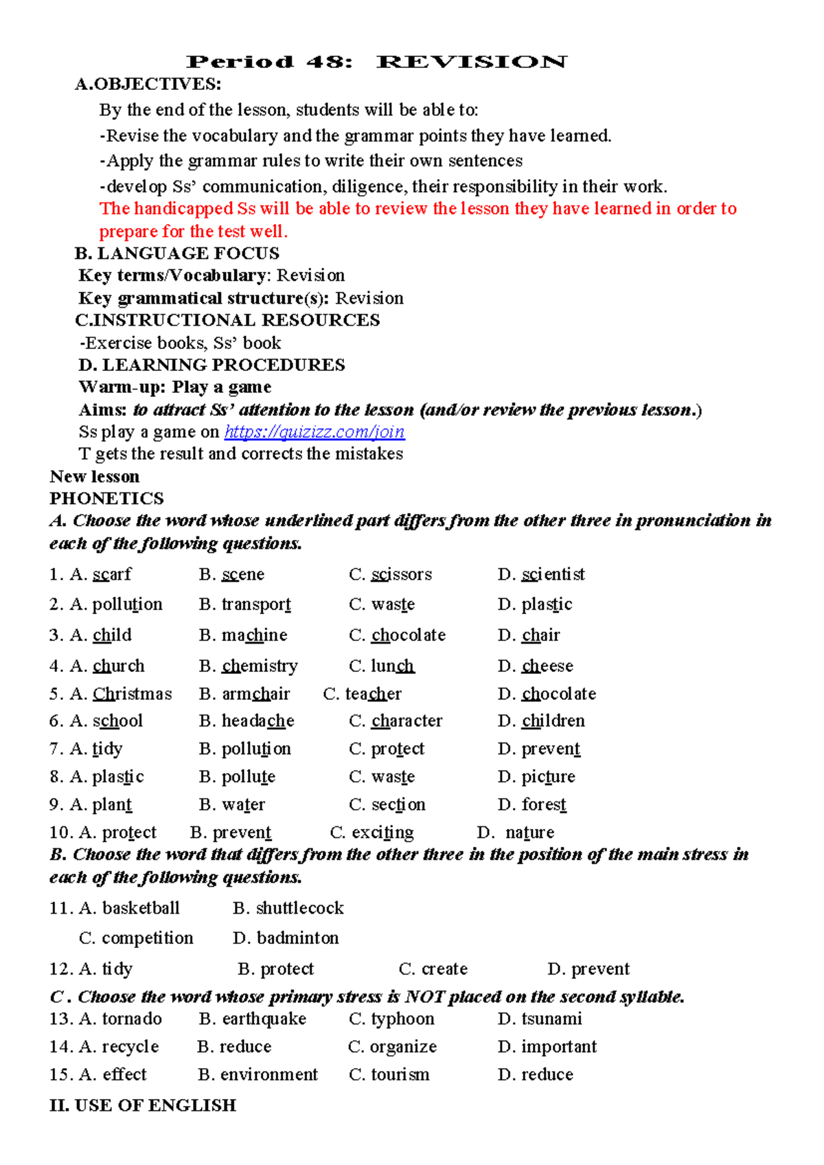 Revision First Semester TEST - Period 48: REVISION A: By the end of the ...
