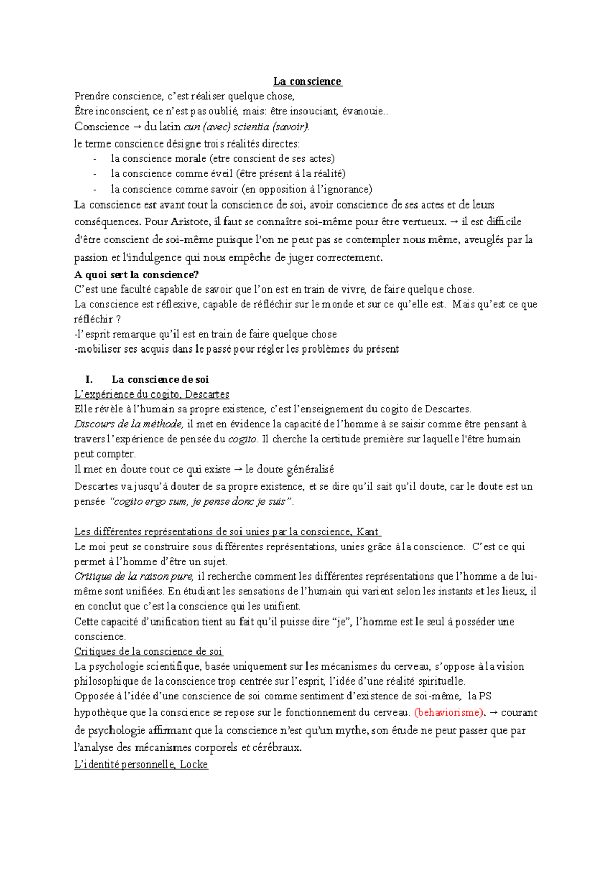 Philosophie: La Conscience et l'Inconscient - Cours de Psychologie - Studocu