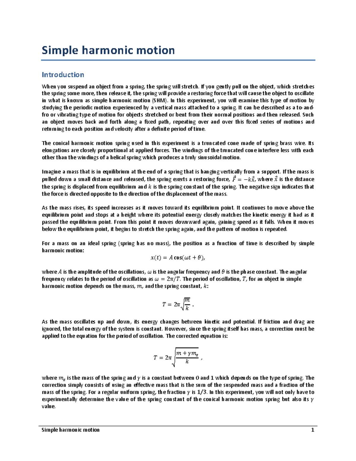 Simple Harmonic Motion Experiment Manual - PHY 1121 - Studocu