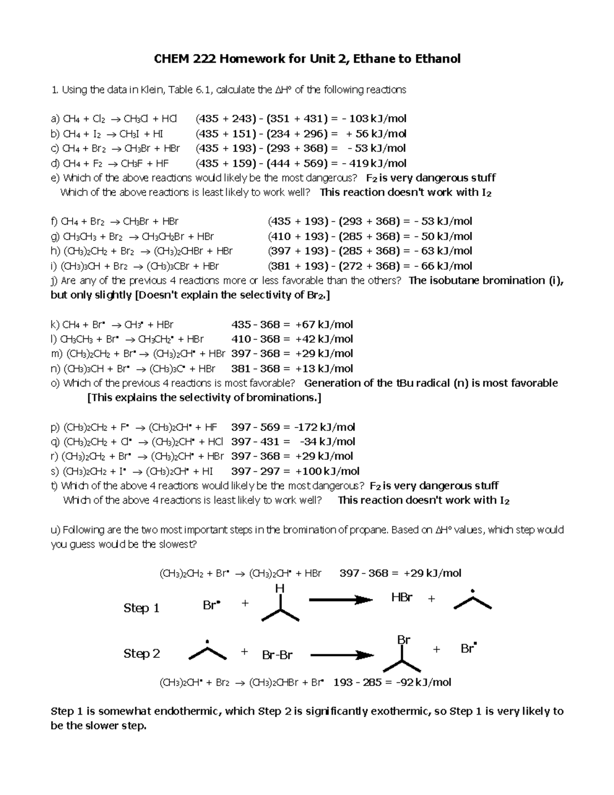 CHEM 222 Unit 2 Homework F23 Key: Reactions & Product Structures - Studocu