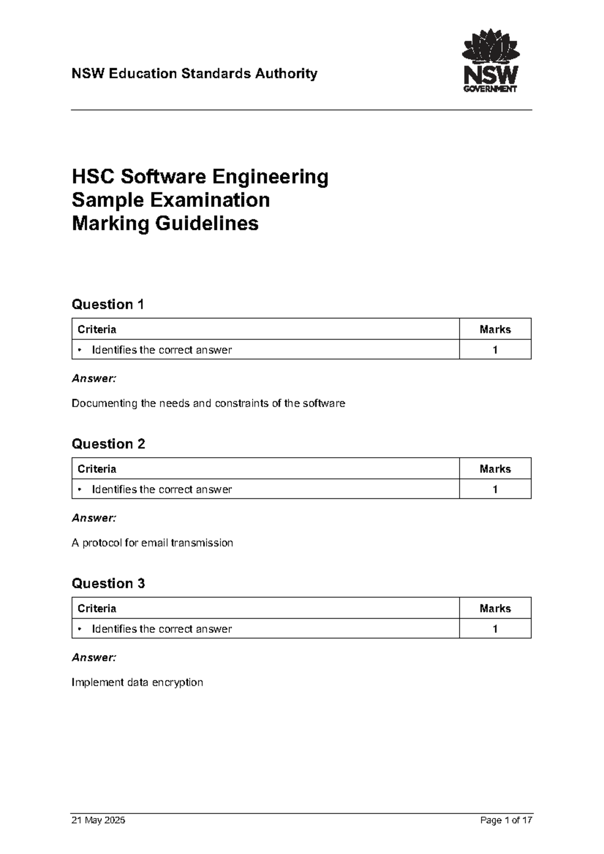 NESA HSC Software Engineering Sample Exam Marking Guidelines - Studocu