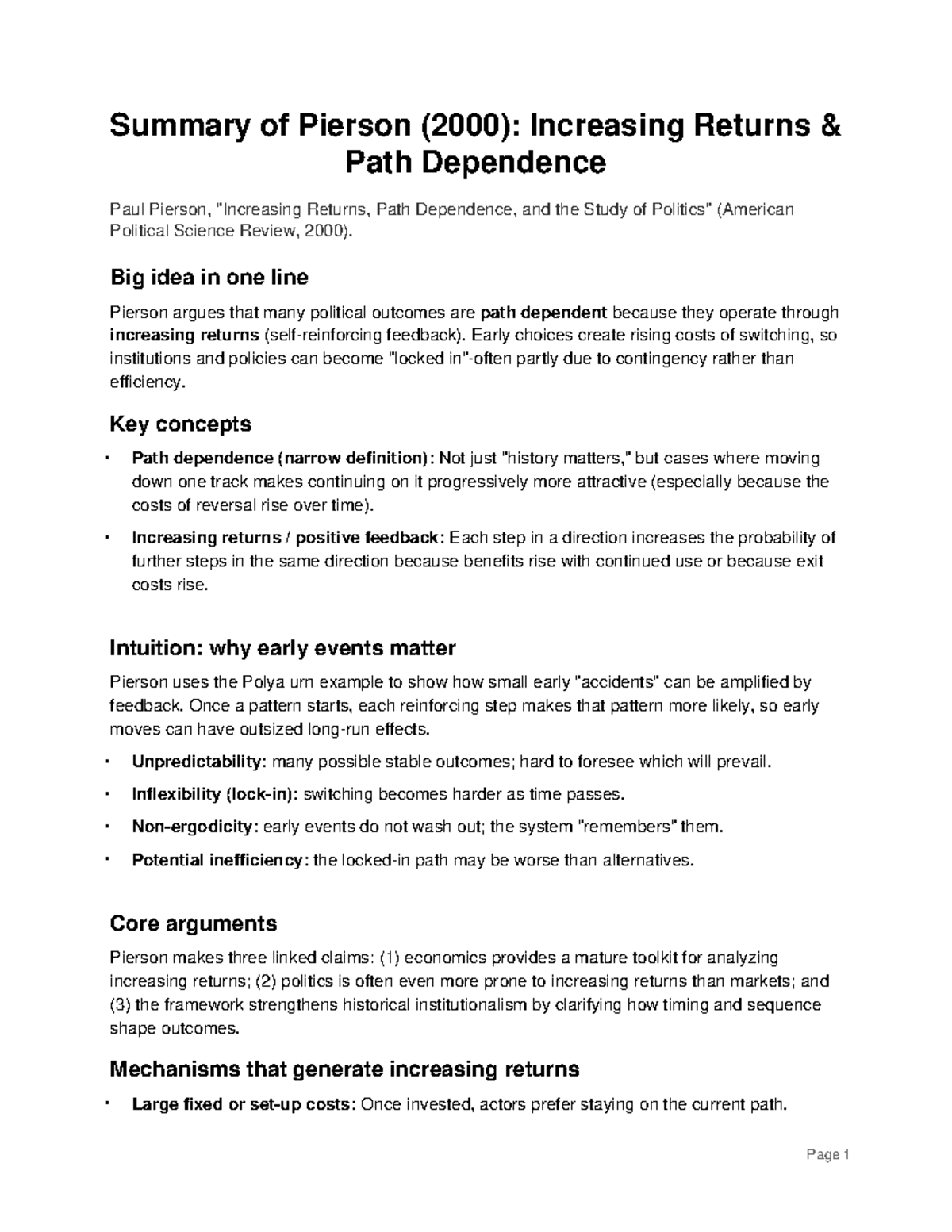 Pierson 2000: Summary of Increasing Returns & Path Dependence - Studocu