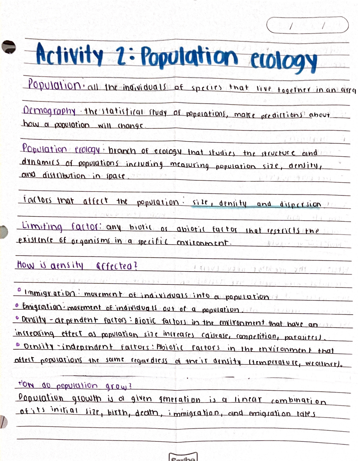 Population ecology - Activity - Ecology and Environment - Studocu