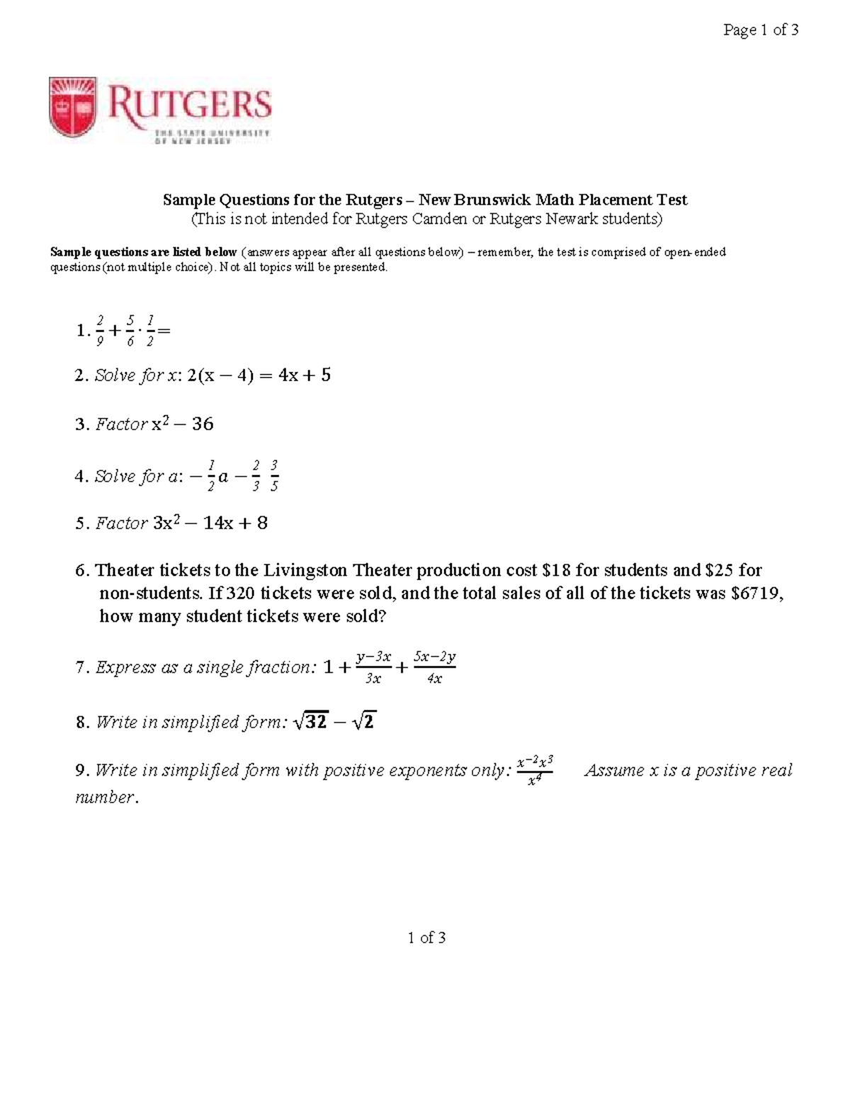 Sample Questions for Rutgers-New Brunswick Math Placement Test - Studocu
