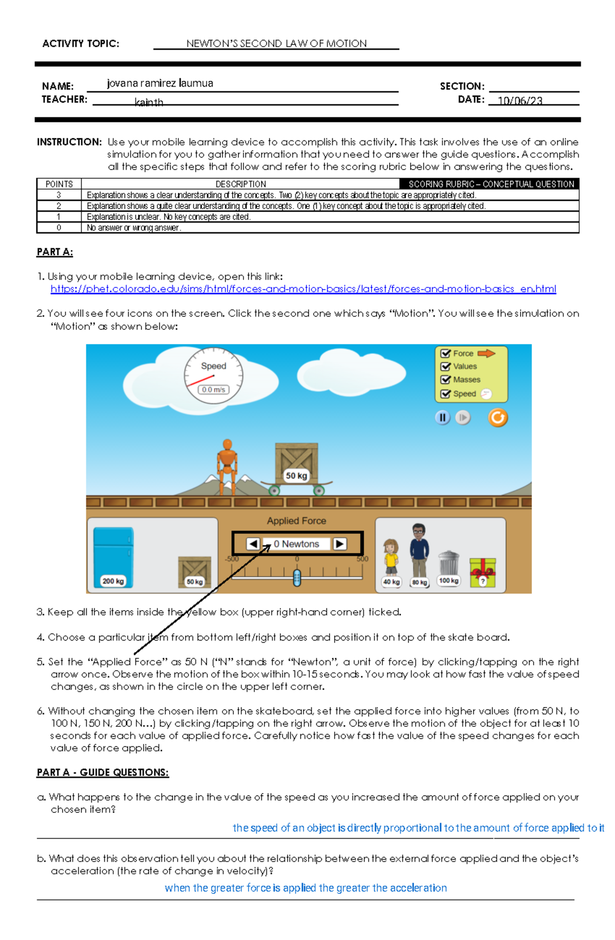 - Forces and Motion- Basics - ACTIVITY TOPIC: NEWTON’S SECOND LAW OF ...