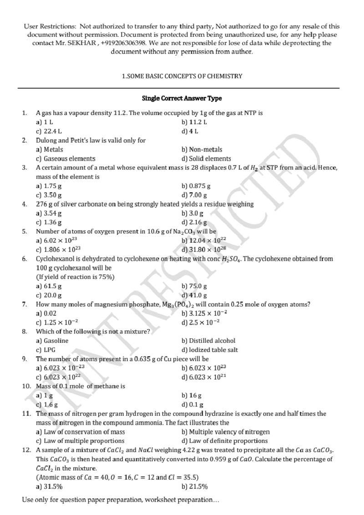 User Restrictions and Basic Concepts of Chemistry: Answer Key (CHEM 101 ...