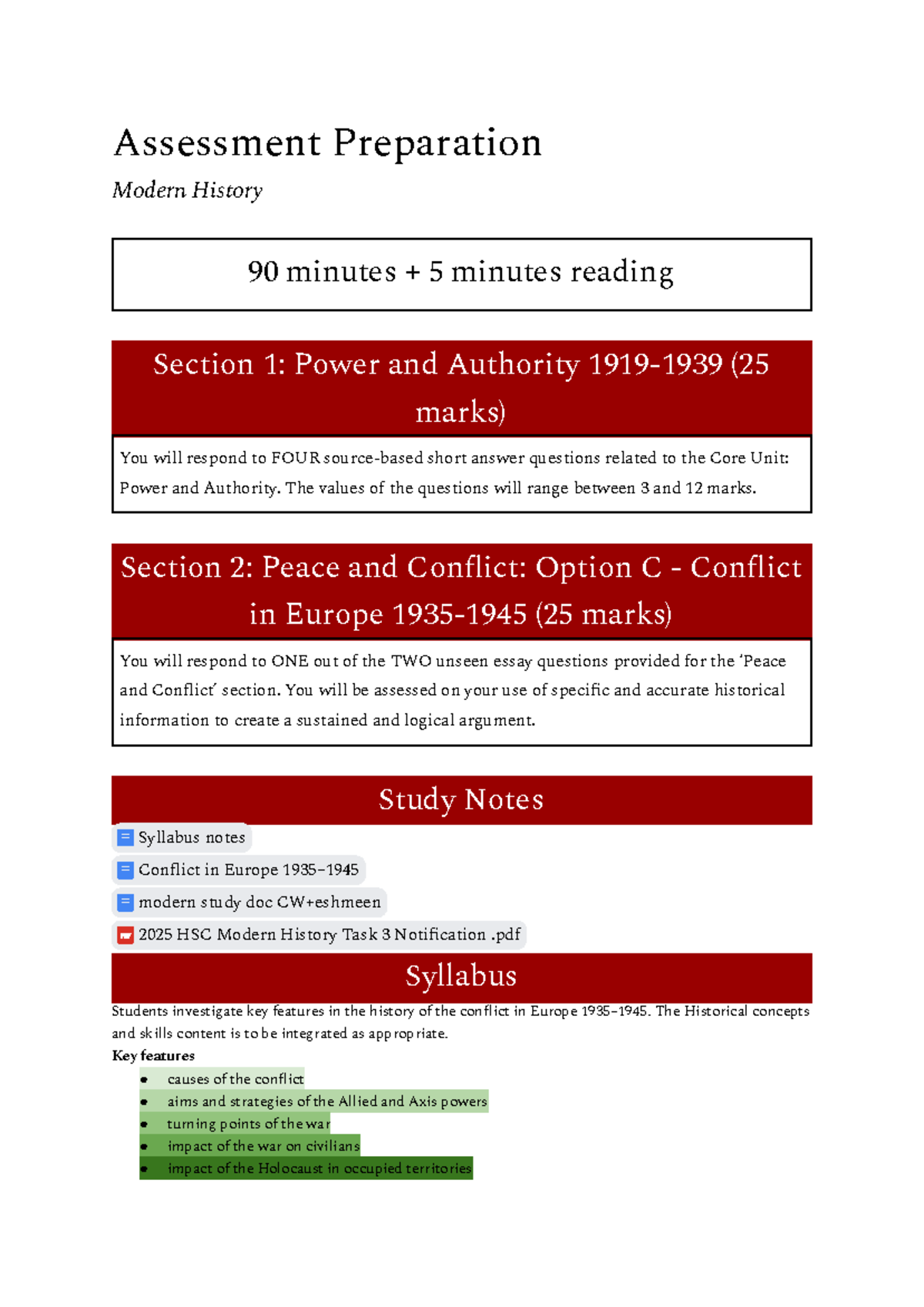 HSC Modern History Task 3: Conflict in Europe - Summary Notes - Studocu