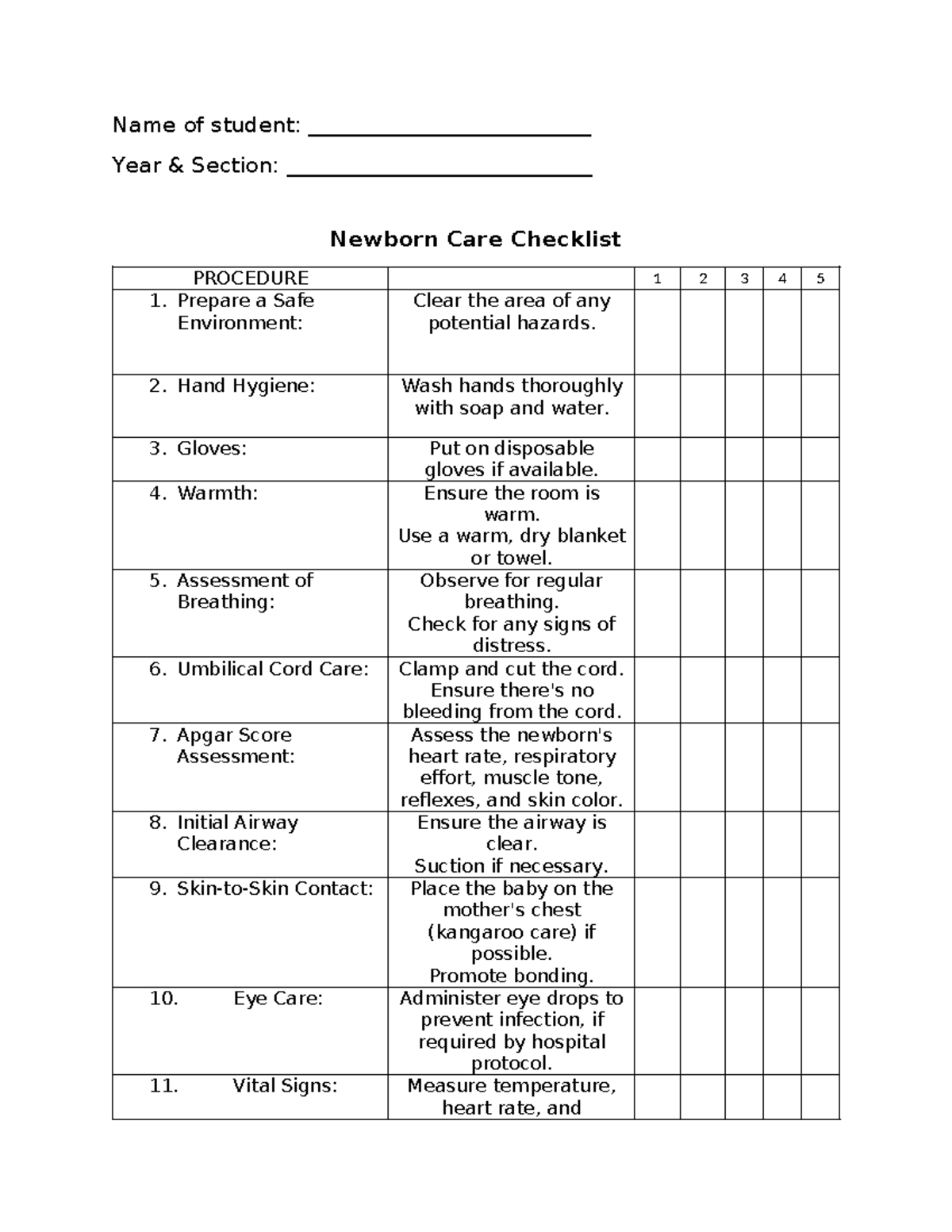 Newborn Care Checklist: Essential Procedures for Safe Delivery - Studocu