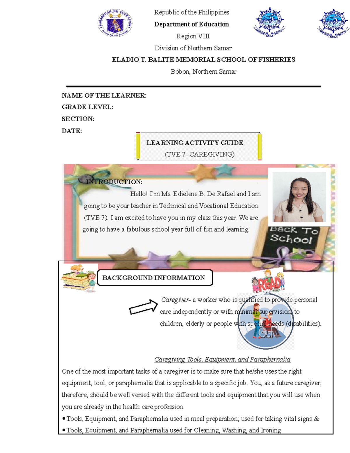 Learning Activity Guide for TVE 7 - Caregiving Students in PH - Studocu