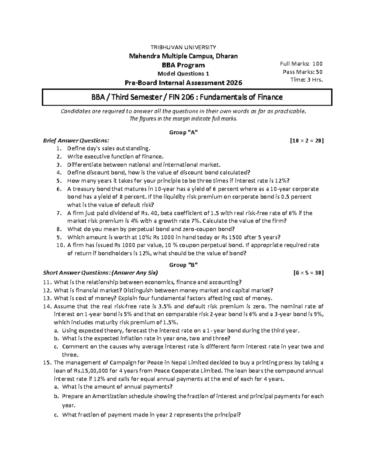 BBA Third Semester FIN 206: Model Questions for Internal Assessment ...