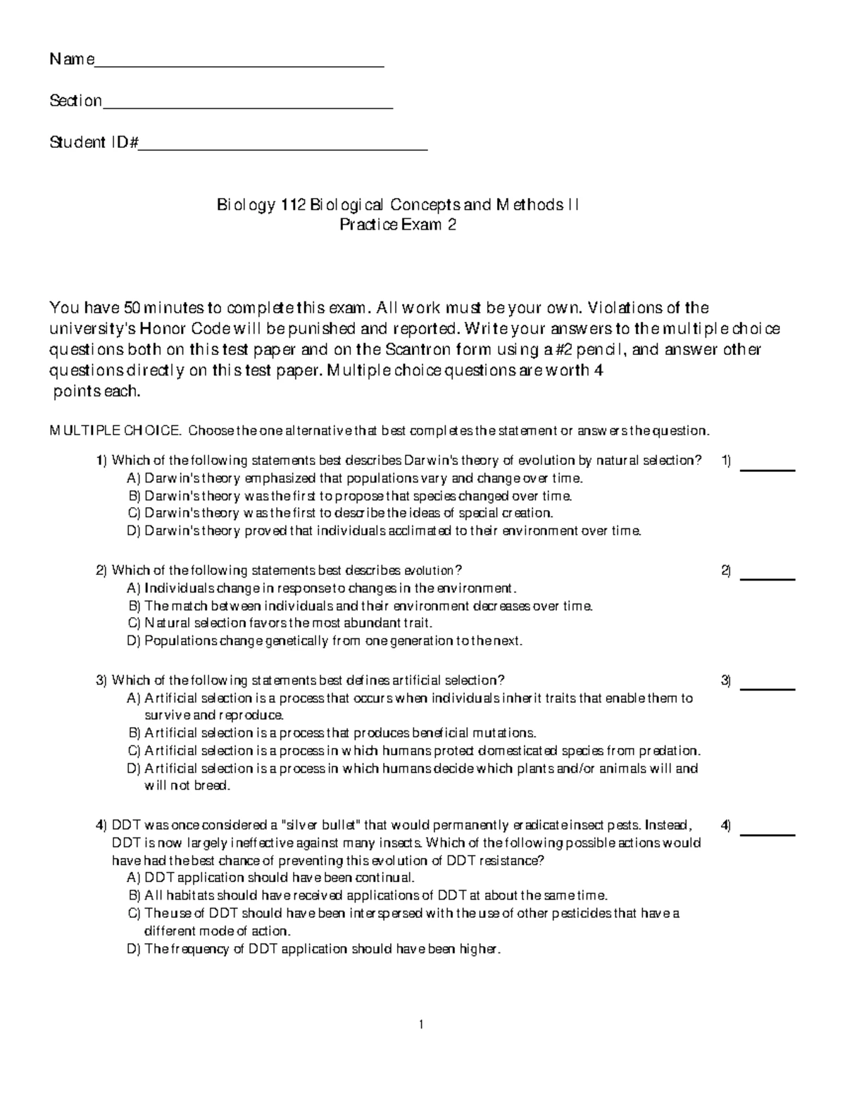 Bio 112 Practice Exam 4 N Ame