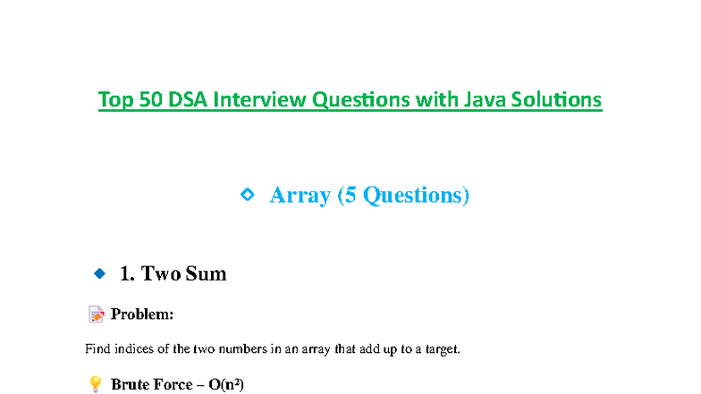 Top 50 DSA Interview Questions with Java Solutions (5 Questions) - Studocu