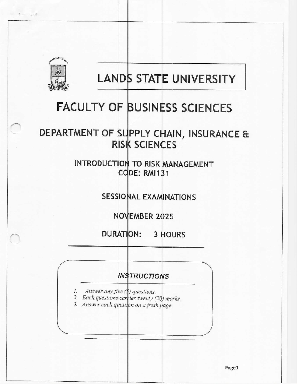 RMI131 Sessional Exam: Introduction to Risk Management - Studocu