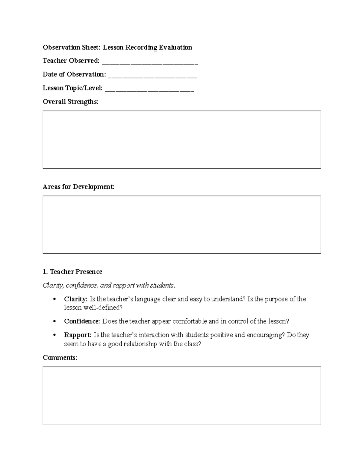 Observation Sheet: Lesson Evaluation for Teacher Performance - Studocu