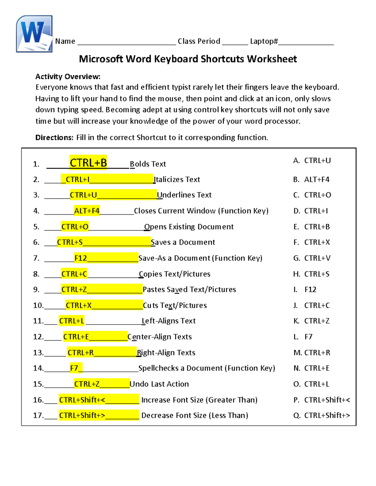 Microsoft Word Basics: Keyboard Shortcuts Worksheet 1 - Studocu